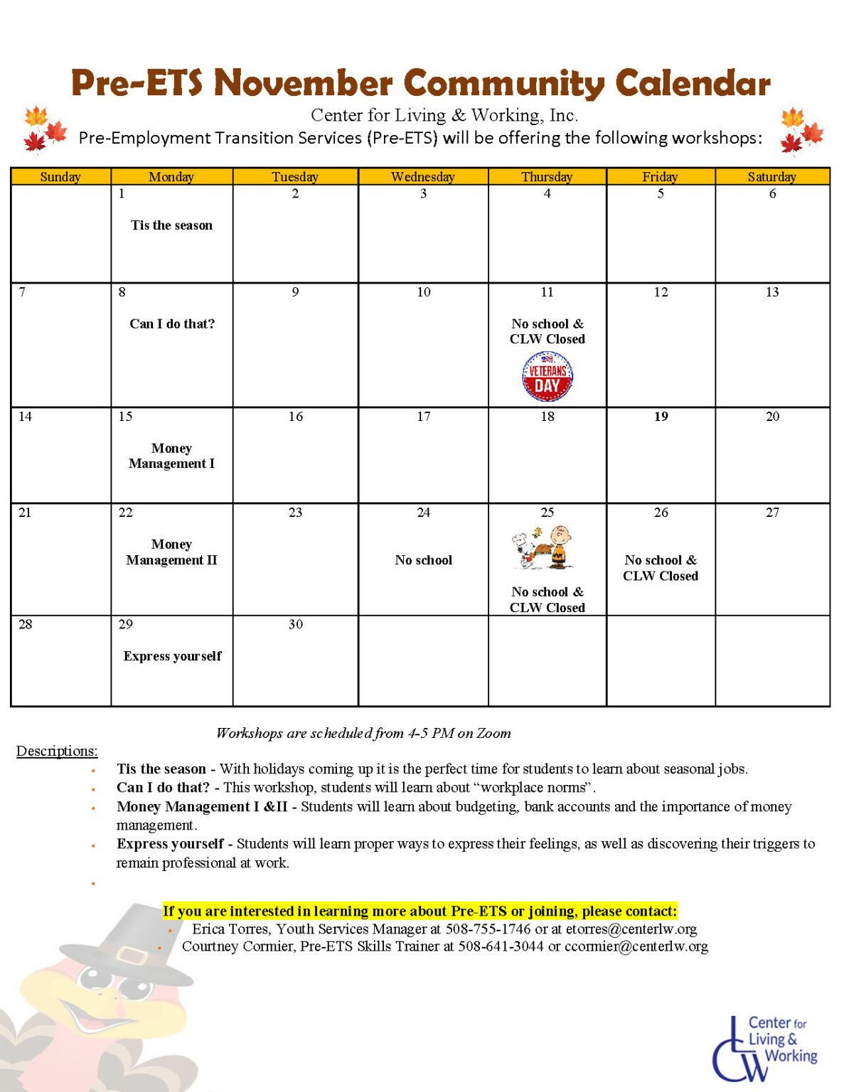 Pre-ETS November Community Calendar - Center for Living & Working
