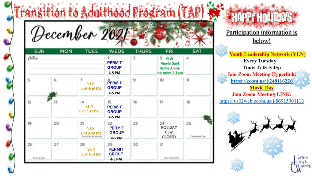 TAP December Calendar - Center for Living & Working