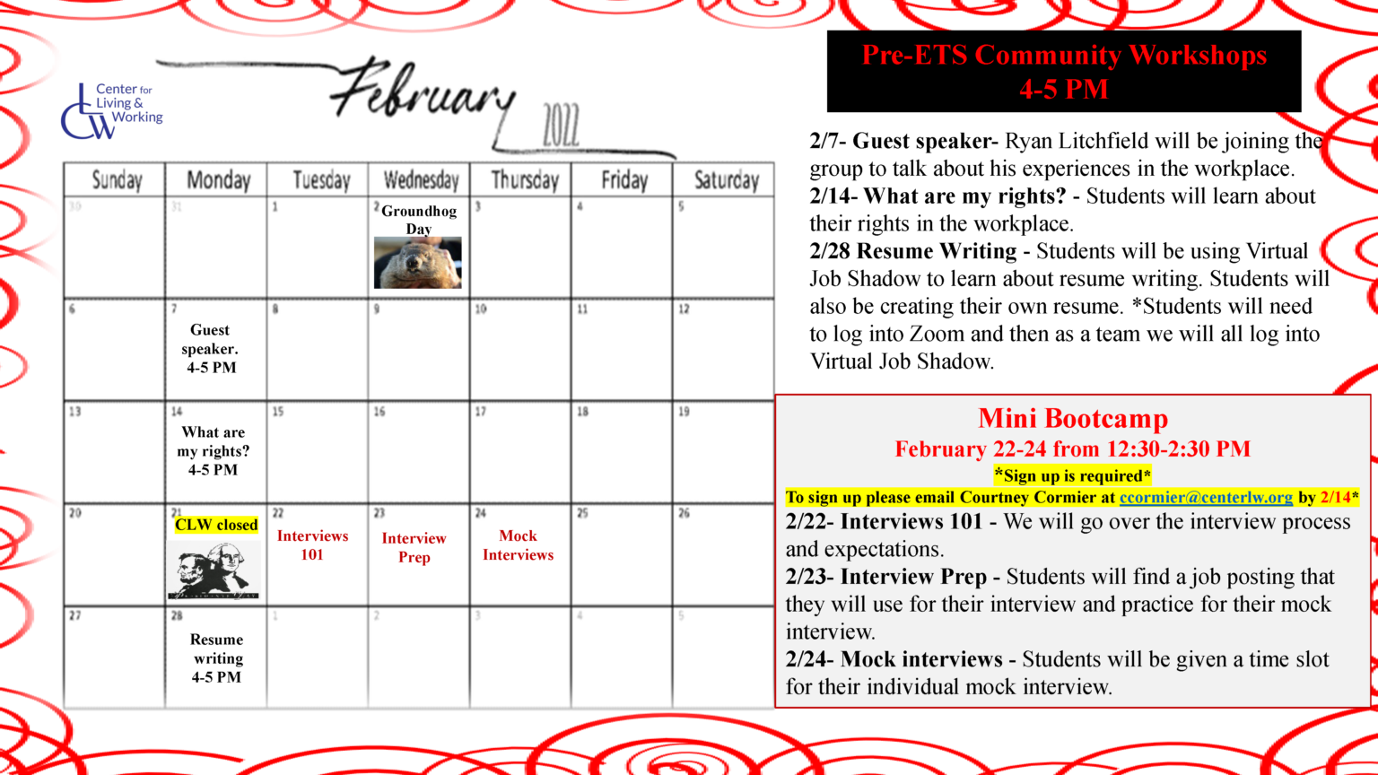 Pre-ETS February Calendar - Center for Living & Working