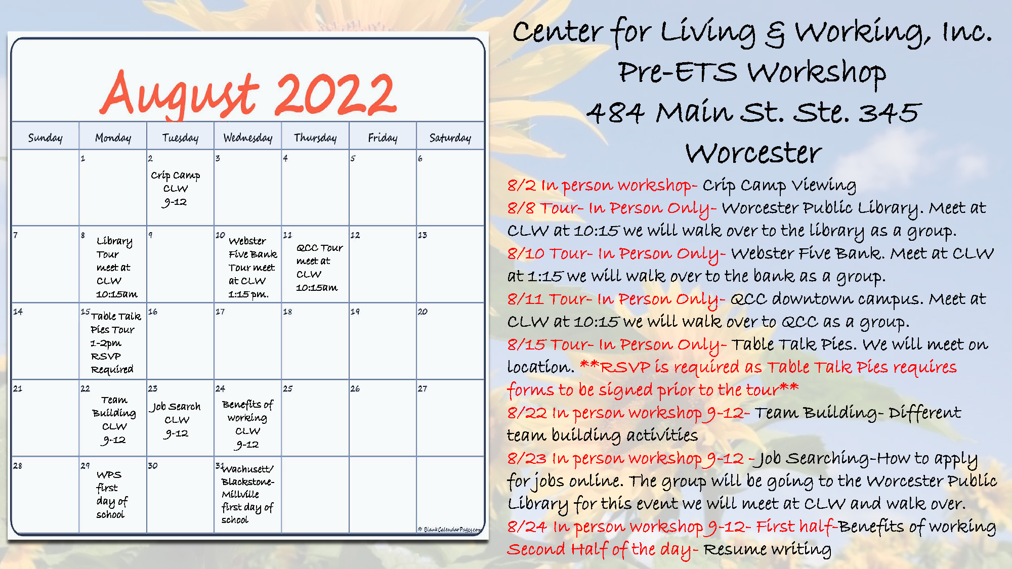 Pre-ETS August Calendar - Center for Living & Working