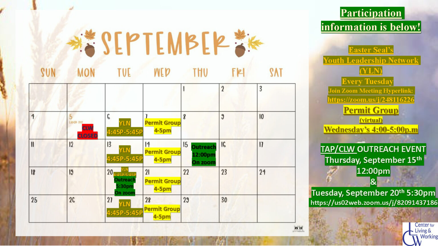 September TAP Calendar - Center for Living & Working