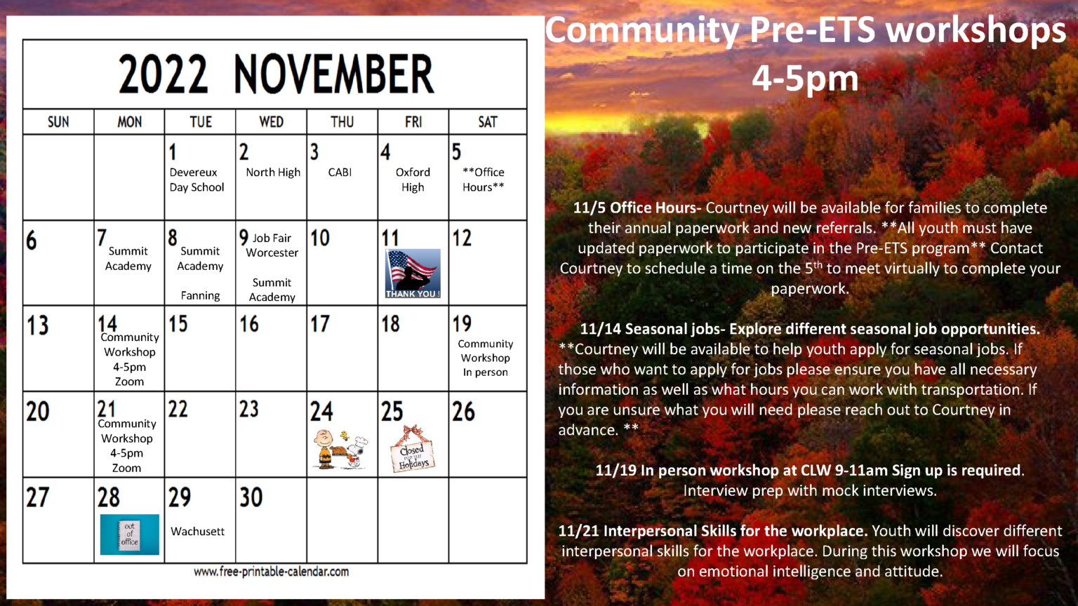 Pre-ETS November Calendar - Center for Living & Working