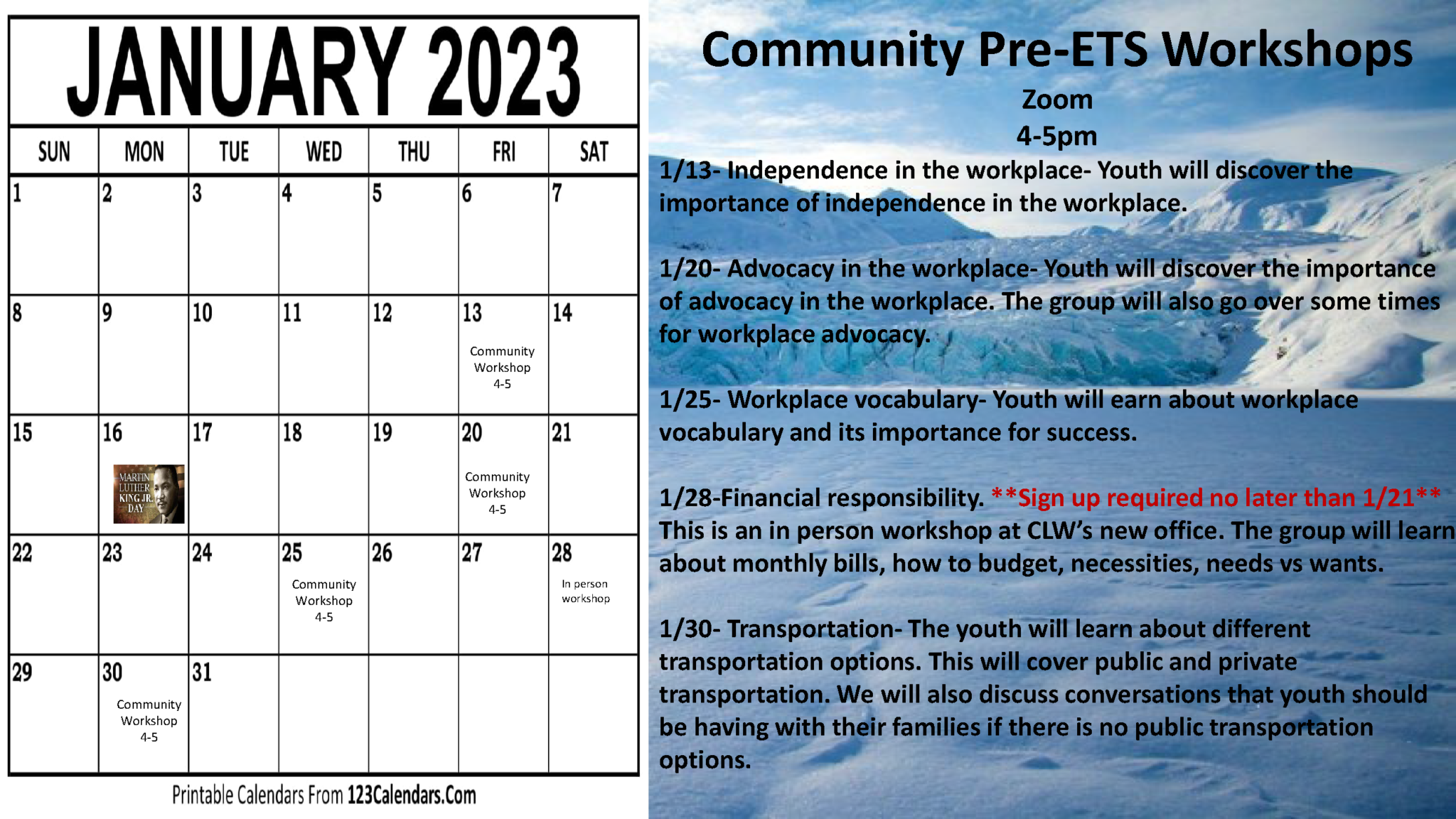 January Pre-ETS Calendar - Center for Living & Working