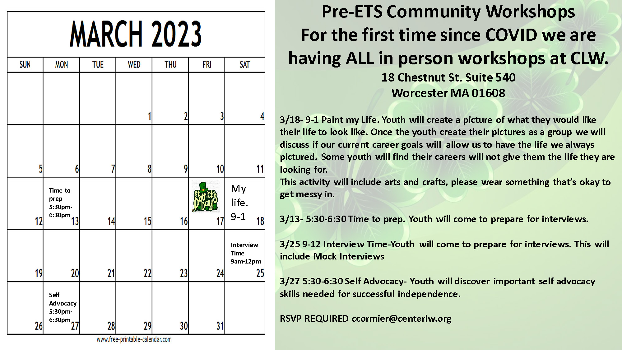 Pre-ETS March Calendar - Center for Living & Working