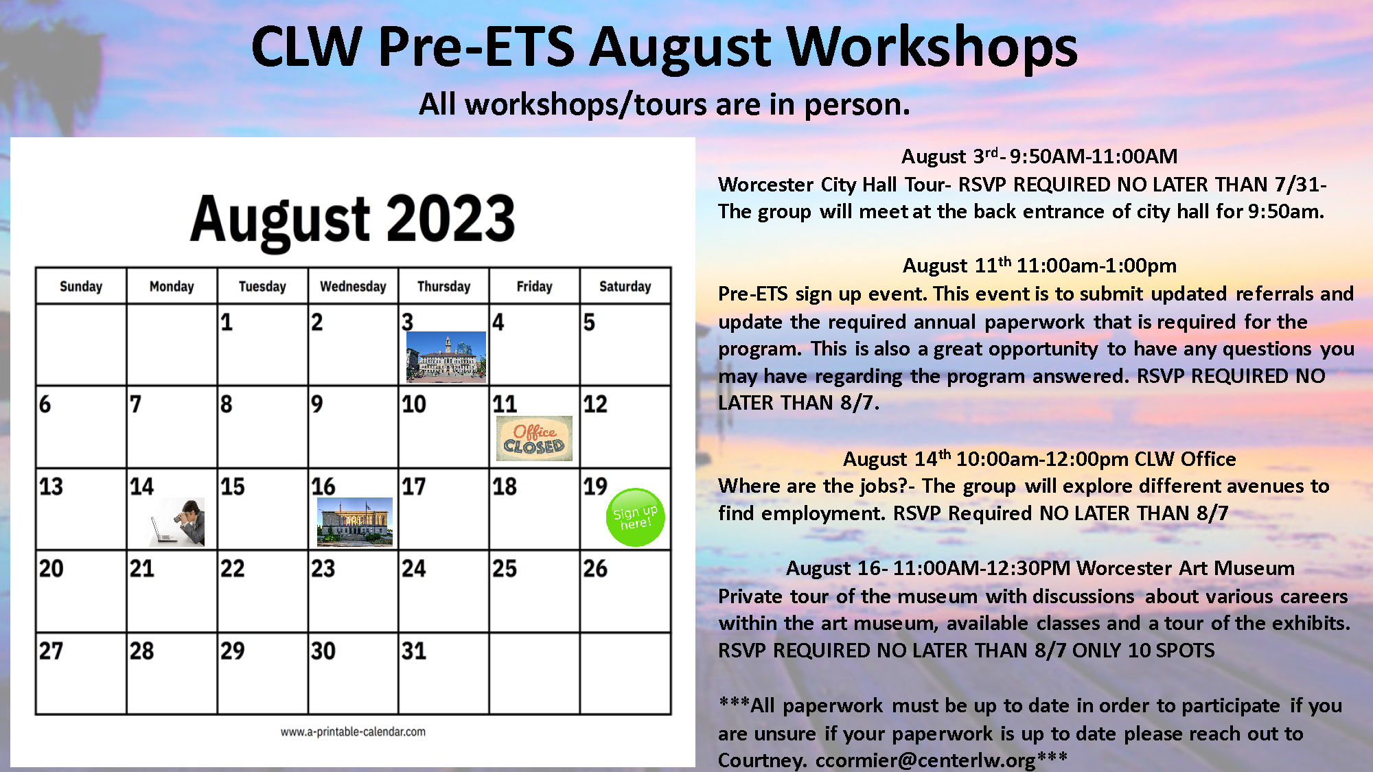 Pre-ETS August Calendar - Center for Living & Working