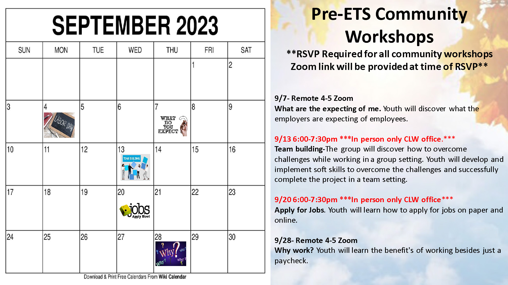 September Pre-ETS Calendar - Center for Living & Working
