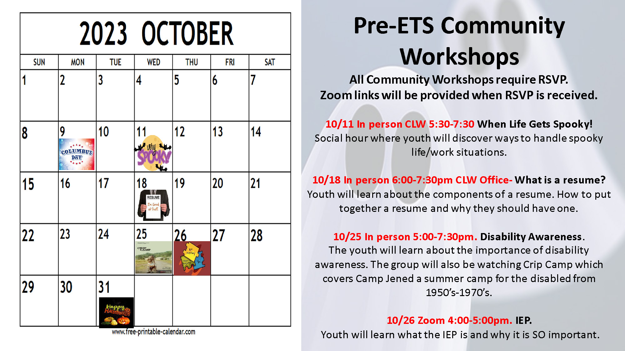 October Pre-ETS Calendar - Center for Living & Working